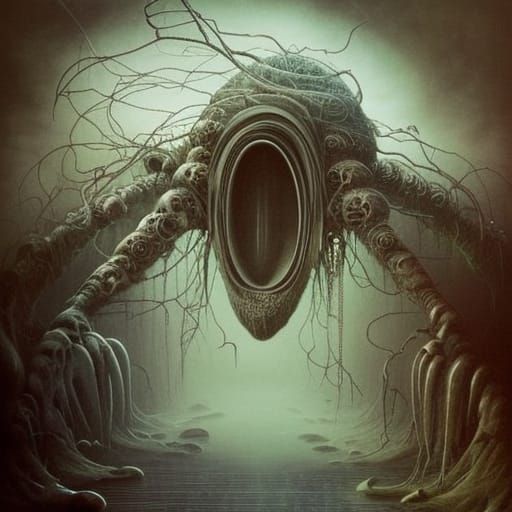 Lovecraftian insectoid, bug eyes, warts, dripping wet, drenched, Giger ...