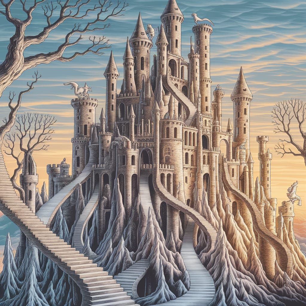A surrealistic M.C.Escher drawing of an impossible castle , pencil drawing
