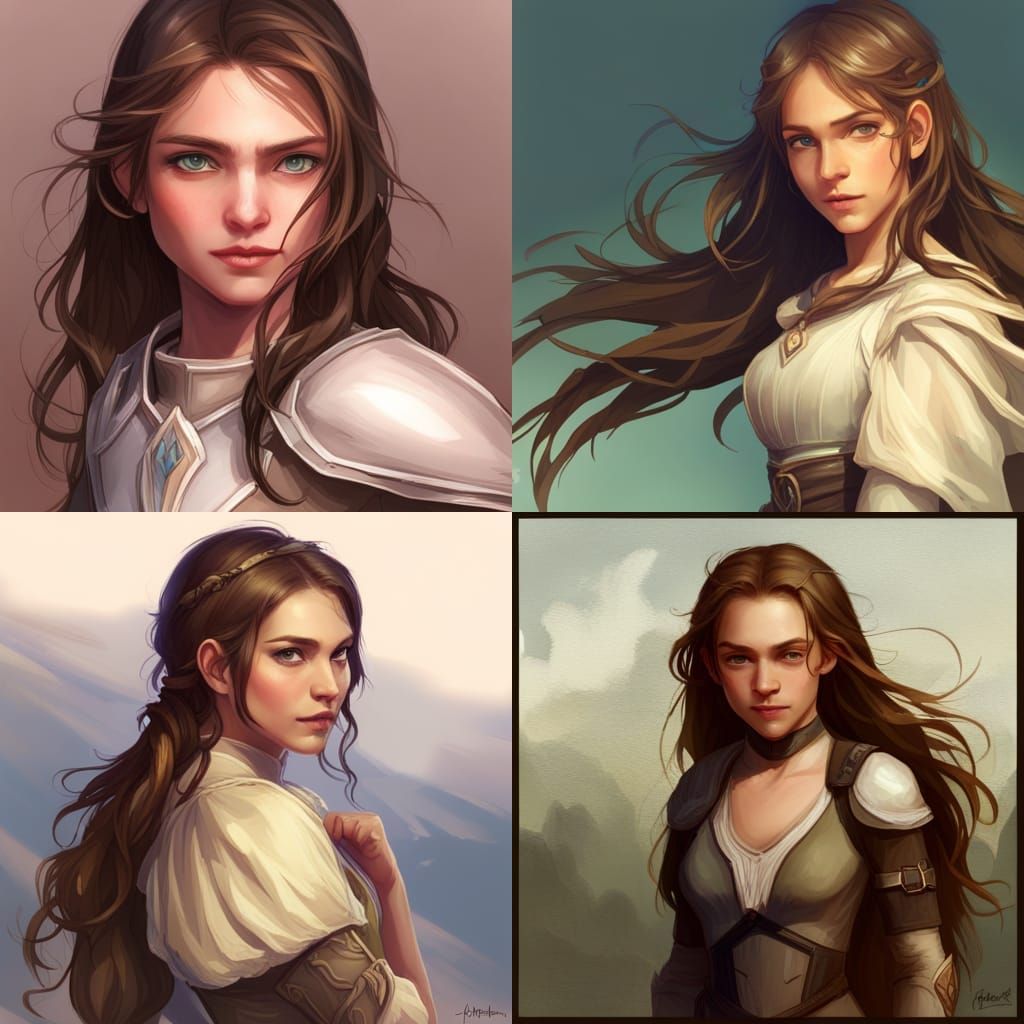 a very small human female, with a bright smile, a pale skin, long brown ...