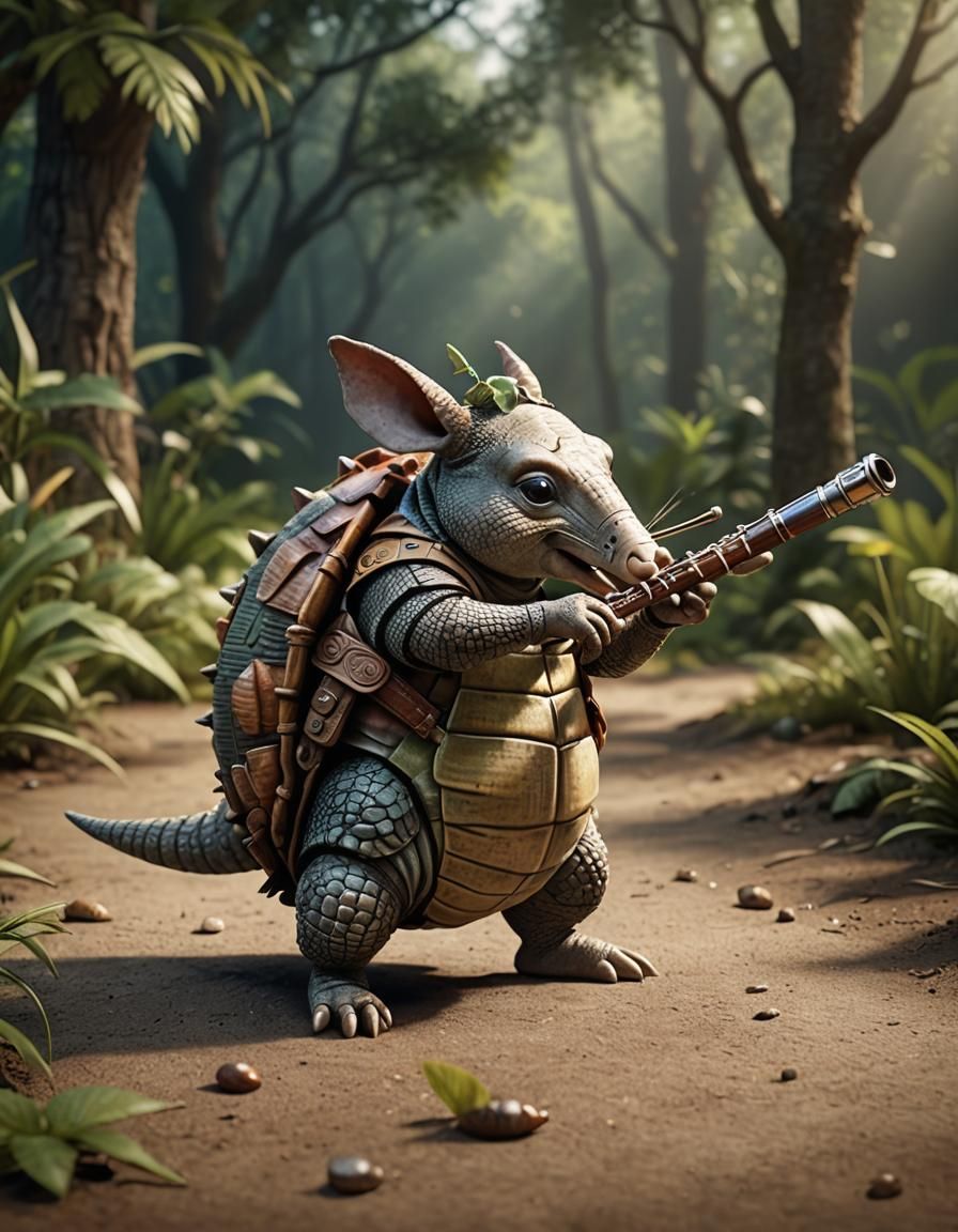 A hyper-realistic, highly detailed, photorealistic image of a CGI cartoon armadillo playing a ...