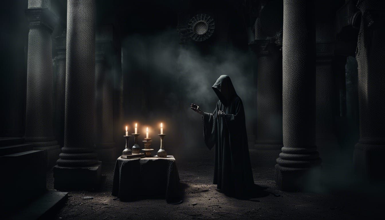 Photo of A mysterious figure in a dark robe performing a strange occult ...