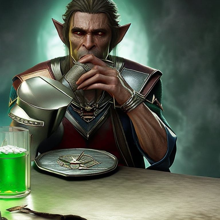 Drug addict realistic elf , drunk, sitting at his table, realistic, 4K ...