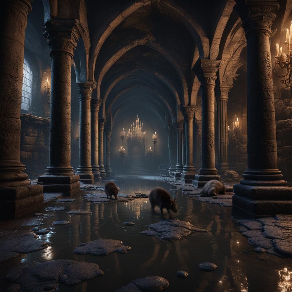 Medieval lair, dark, creepy, rats on the floor, pillars, water puddles ...
