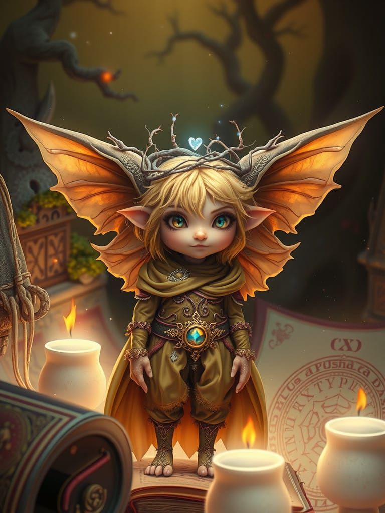 A gremlin-like, mischievous creature with pointed ears and sharp ...