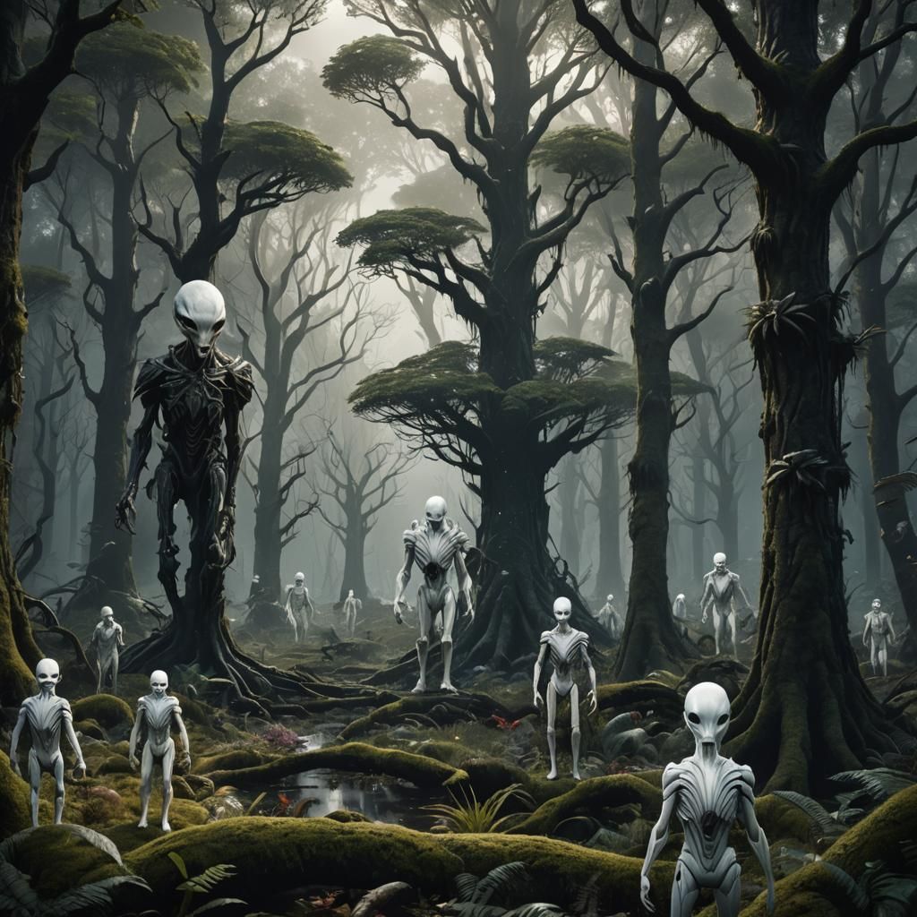 Dark forest with different creatures like white aliens. They are ...