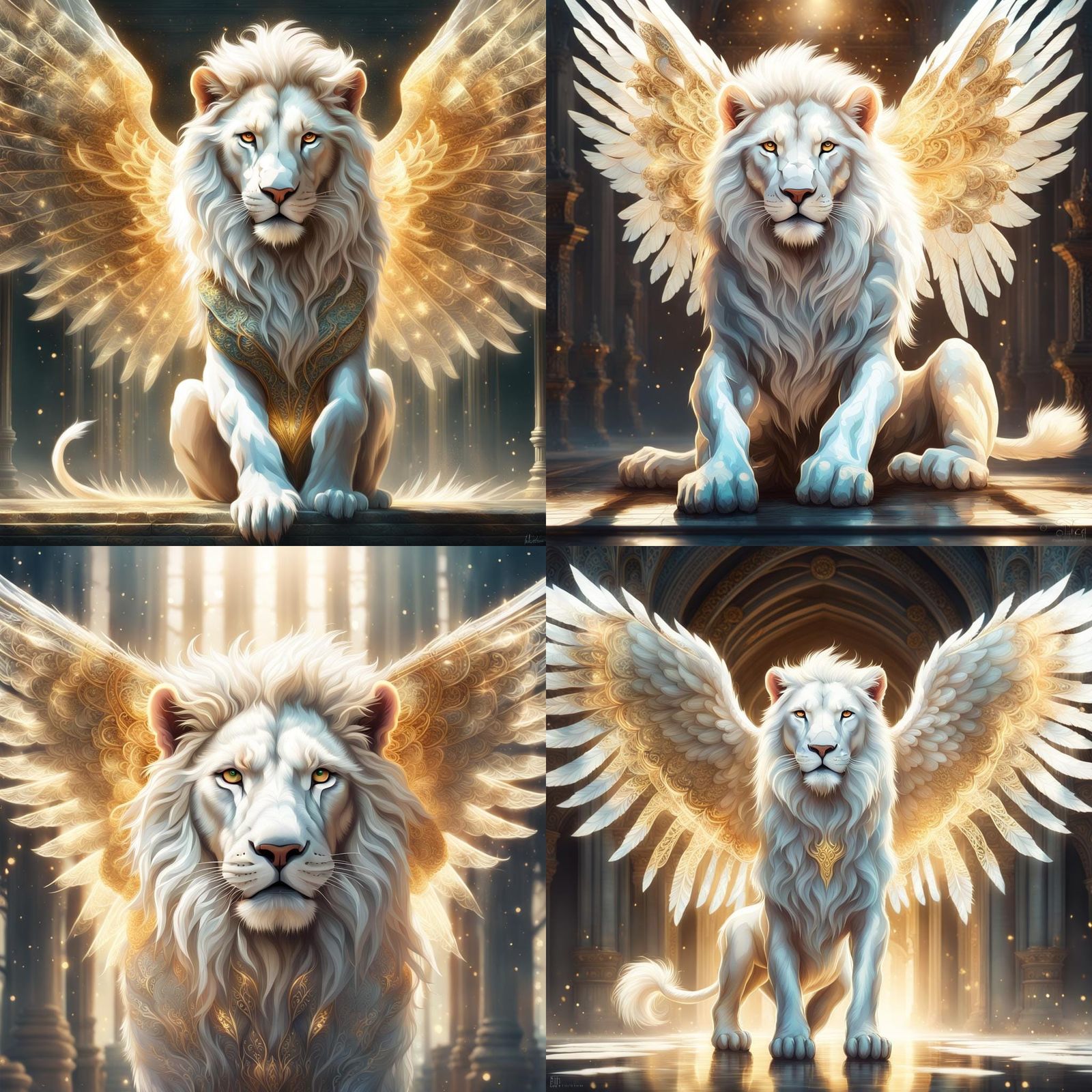 A angelic white lion with spreading arms with glowing intricate ...