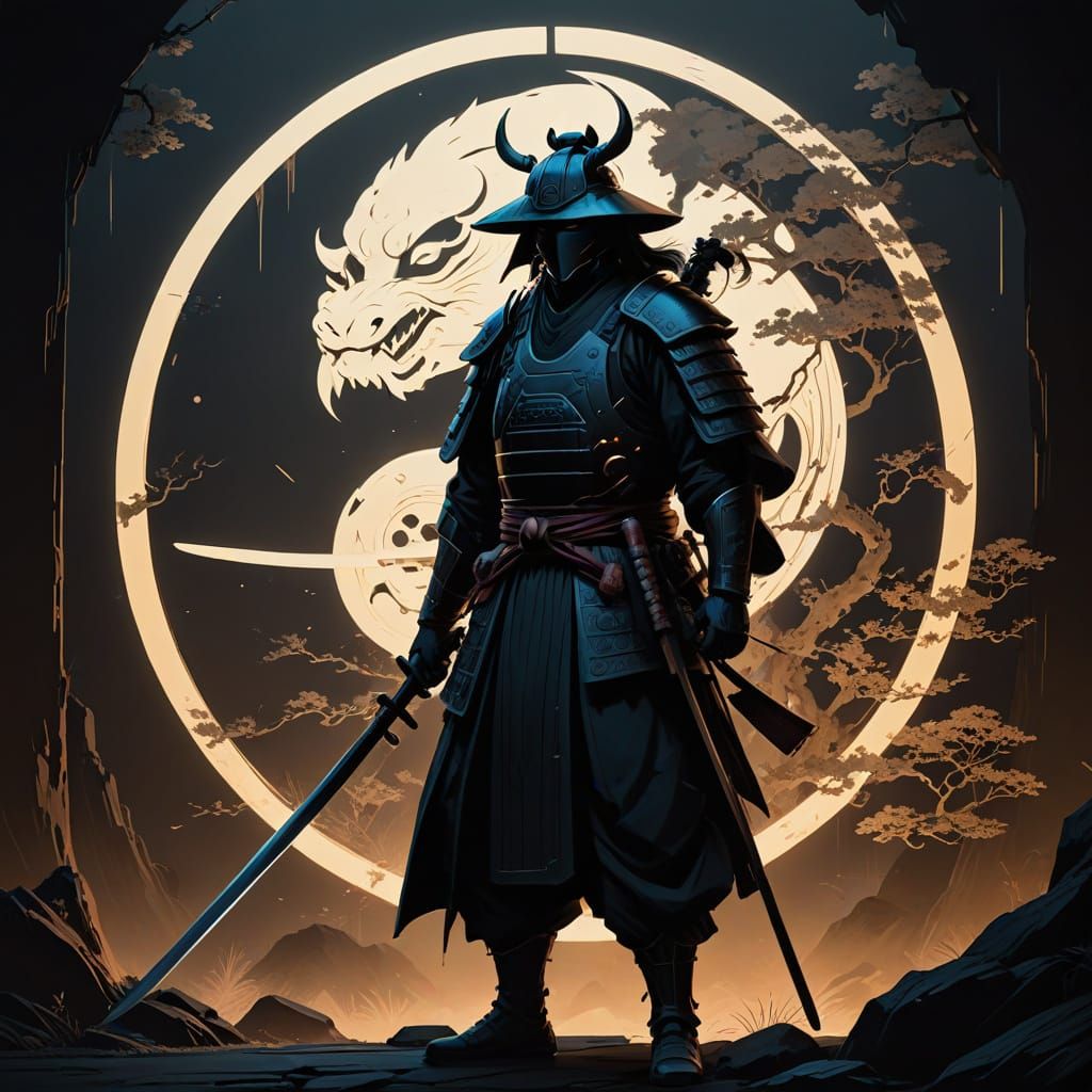 Surreal Harmony: Samurai Silhouette in Glowing Yin... - AI Art