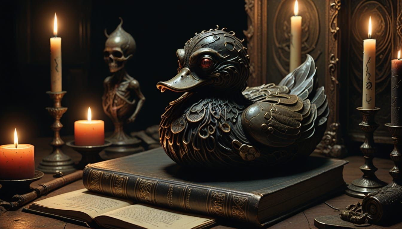 Eldritch Rubber Duck in Crimson-Hued, Gothic Study - AI Art
