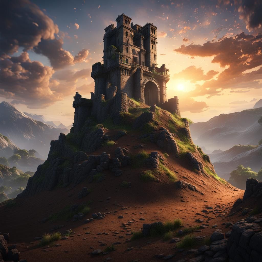 a ancient broken tower burried in dirt to form a steepsided hill - AI ...