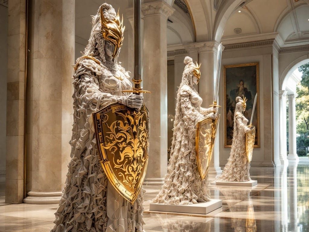 Life-sized paper mache female warrior statues at the museum.