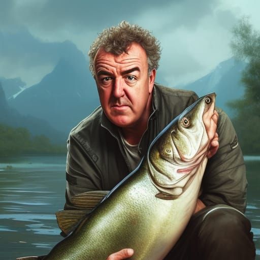 Jeremy Clarkson kneeling beside a river, holding a big fish - AI ...