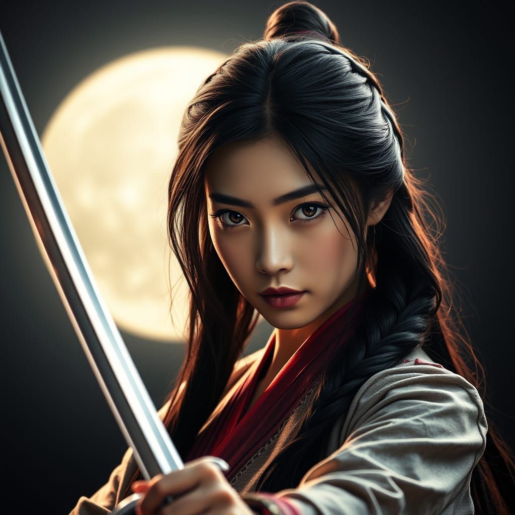 "A Hyper realistic stunning Mulan princess stands poised for battle ...