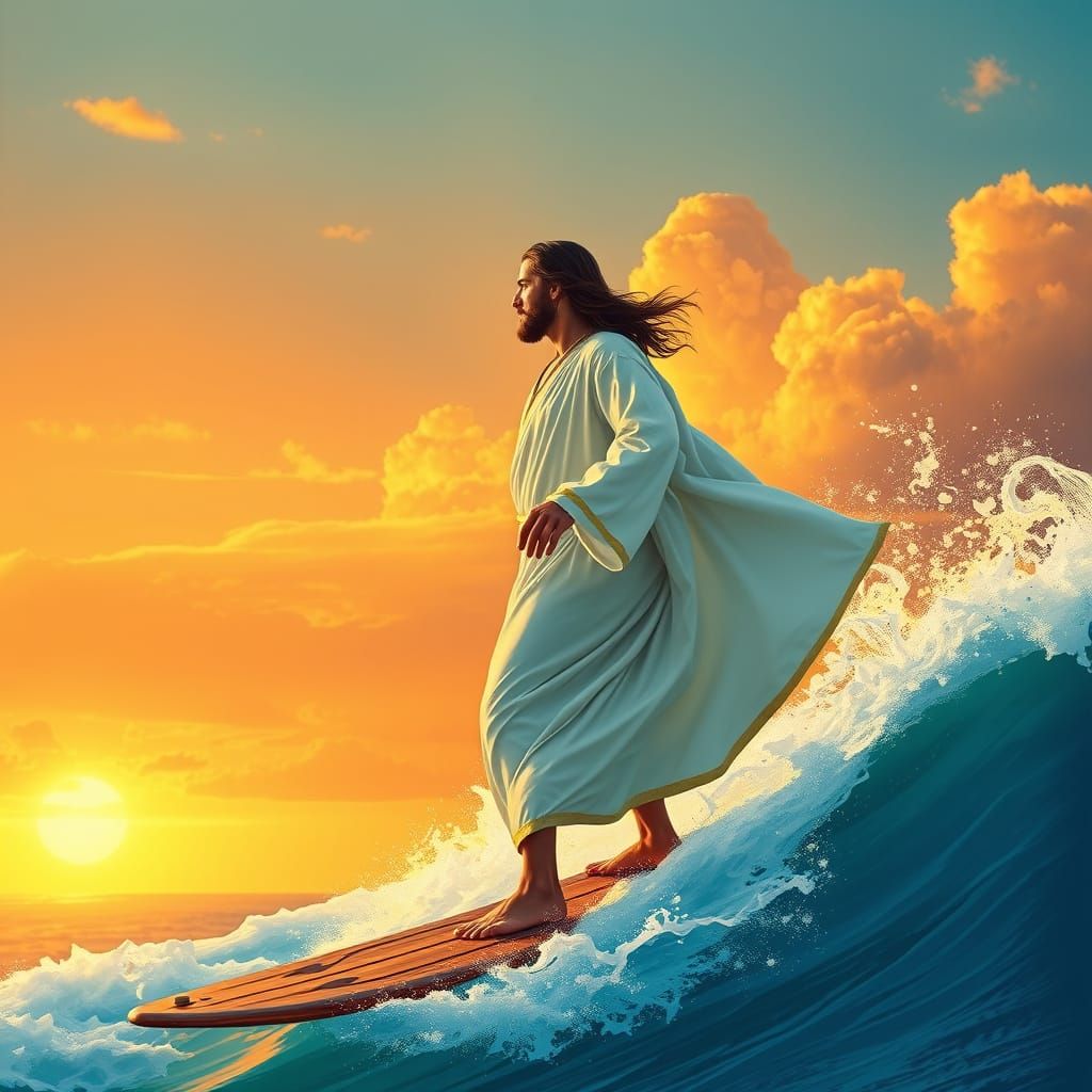 Serene Jesus Surfer in Golden Sunset - AI Art