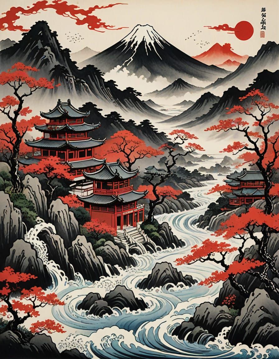 Mystical Black Ink Landscape with Majestic Mountai... - AI Art