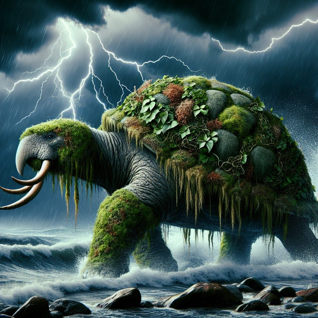 In the midst of a tempestuous storm, visualize a colossal turtle ...