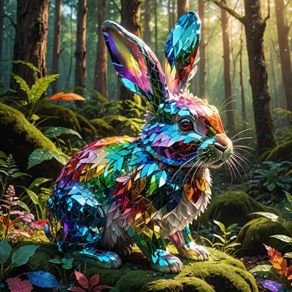 Sparkle crystal rainbow rabbit, in a forest - AI Generated Artwork ...