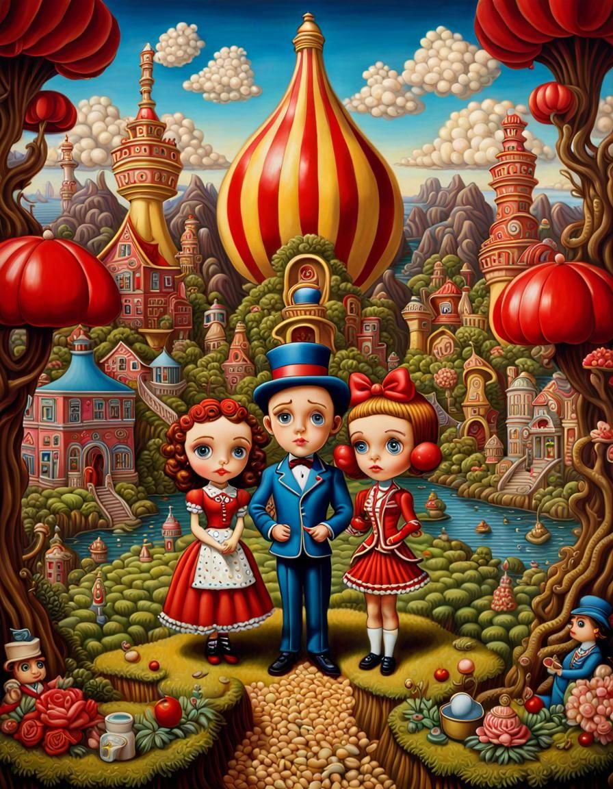 Lowbrow art claymation, lowbrow style surrealist landscape. a boy and a ...