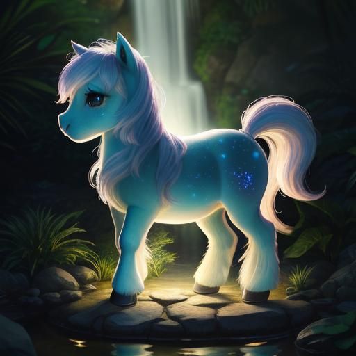 adorable cute chibi baby furry pony with a bioluminescent Waterfall in ...