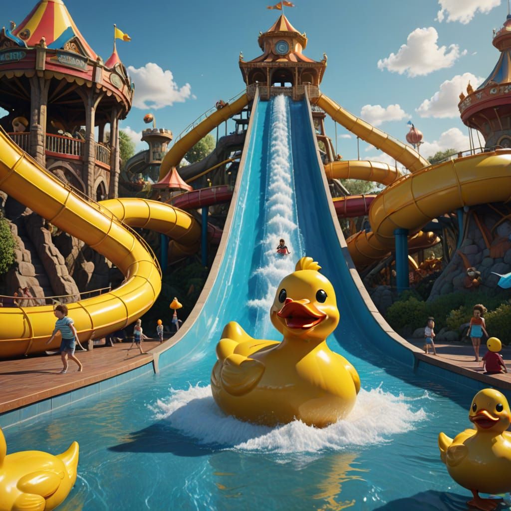 A giant rubber duck slides down a waterslide with a happy child riding ...