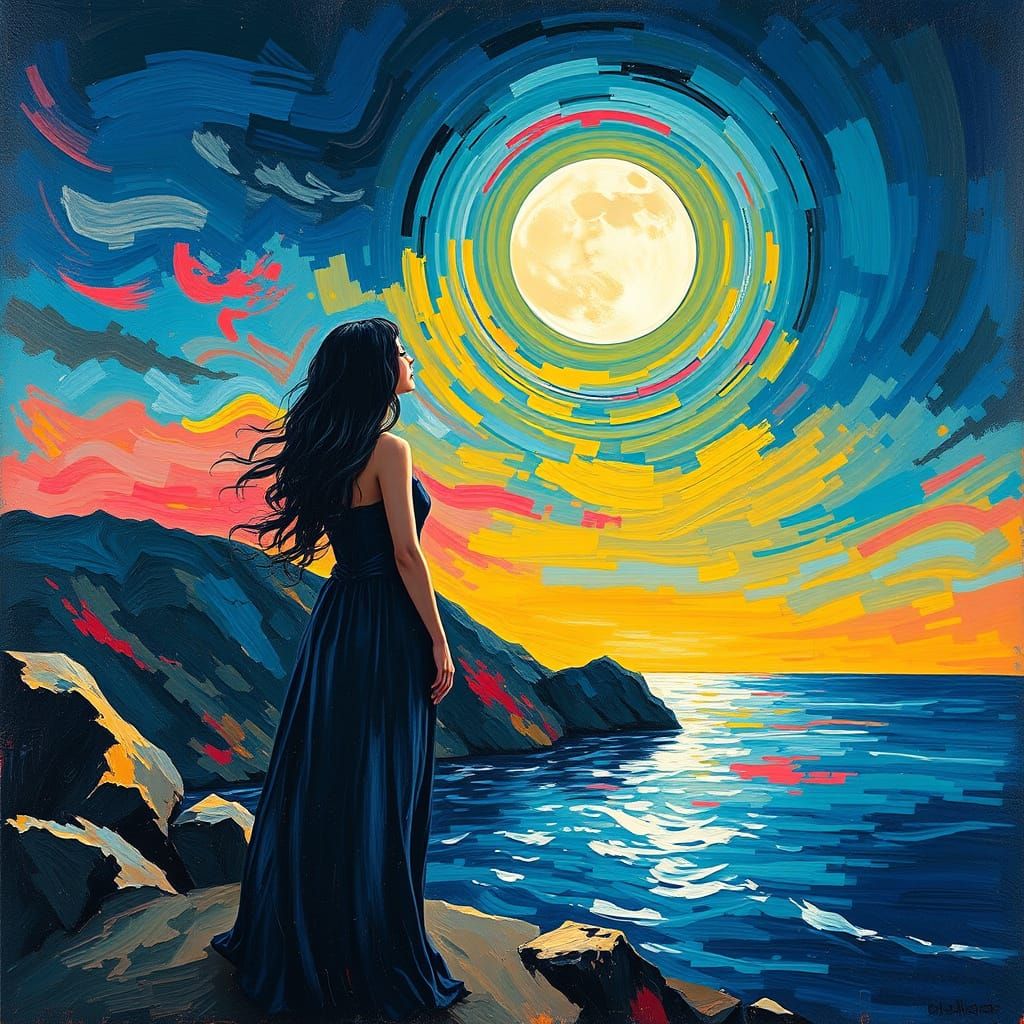 La Luna e Sopra Caprera 2 - Woman Under the Vibrant Full Moo...