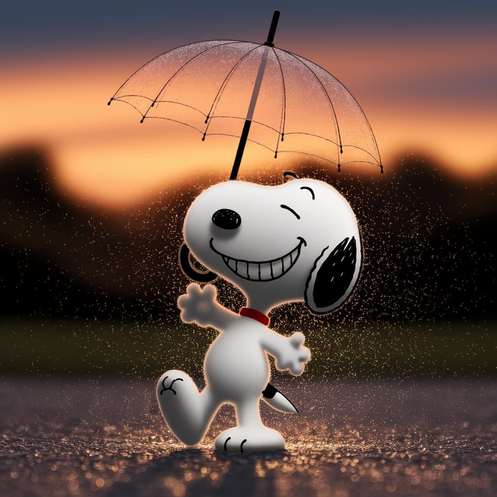Snoopy Dances in the Rain with a Human Smile - AI Art