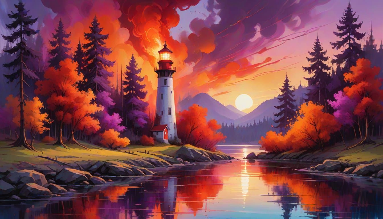 sunset by lighthouse 2 - Vibrant Red Inked Landscape with Li...