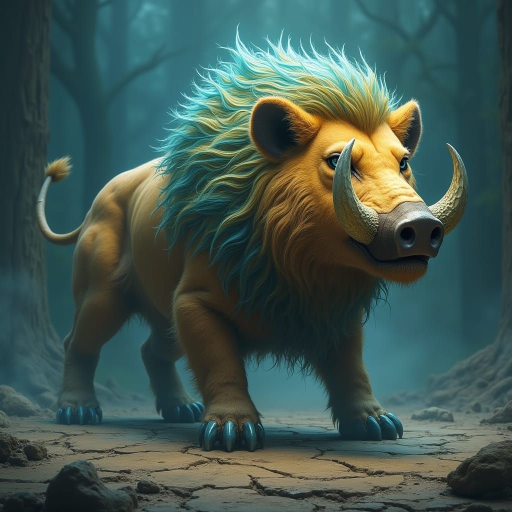 Mythical Beast with Boar Head, Lion Body, and Peac... - AI Art