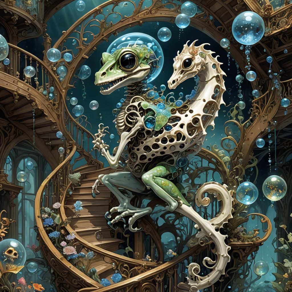 Skeletal Froggy-Seahorse Underwater Spiral Staircase Scene