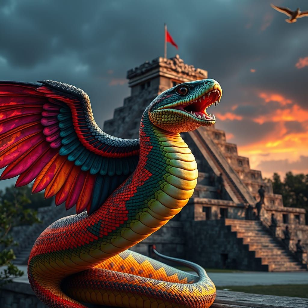 Vibrant Winged Serpent Adorns Ancient Aztec Temple - AI Art