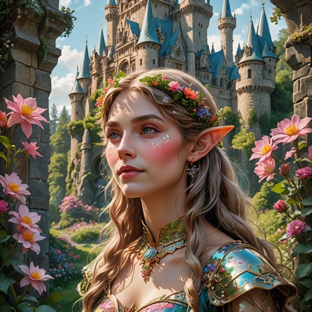 A side portrait of An happy beautiful elf lady in Castle's Woodlands ...