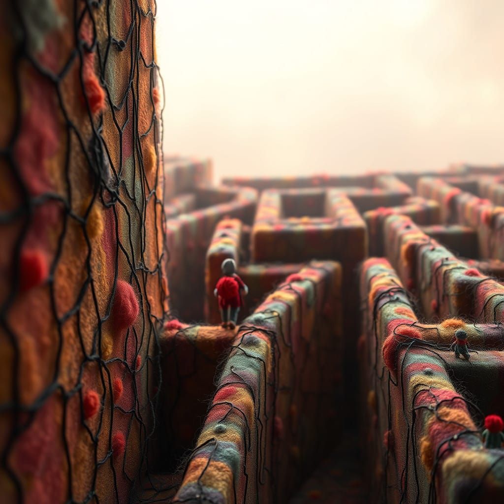 Unraveling colorful felted wool art of a high walled maze , a lone ...