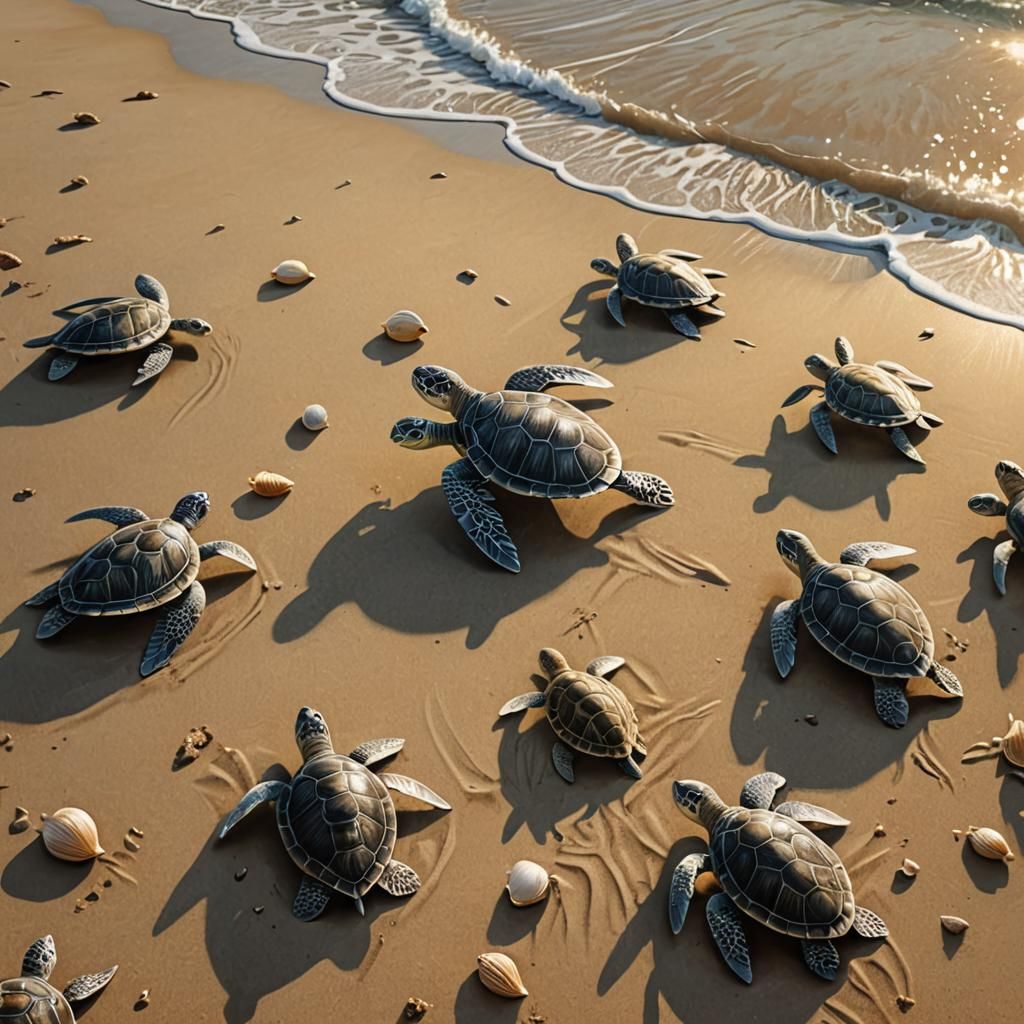 Busy Sea Turtle Hatchlings Running Out to Sea - AI Generated Artwork ...