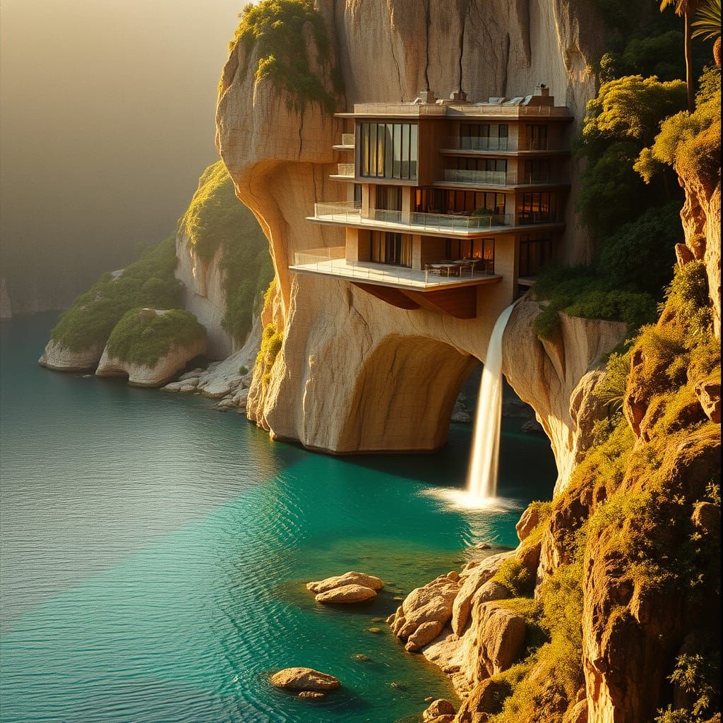 Stunning Cliffside Mansion Overlooks Turquoise Oas... - AI Art