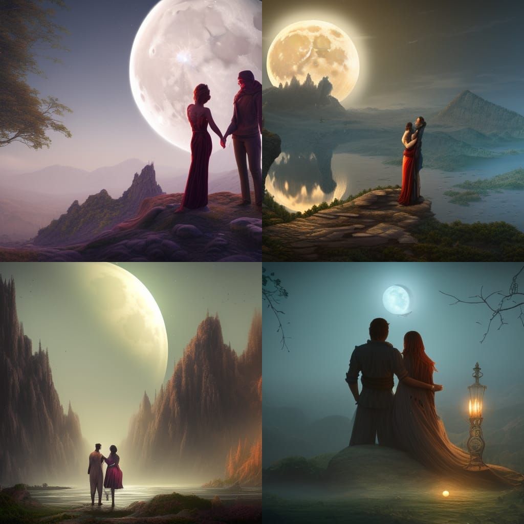 Man and woman embraced, love in the air, full moon, romantic dinner ...