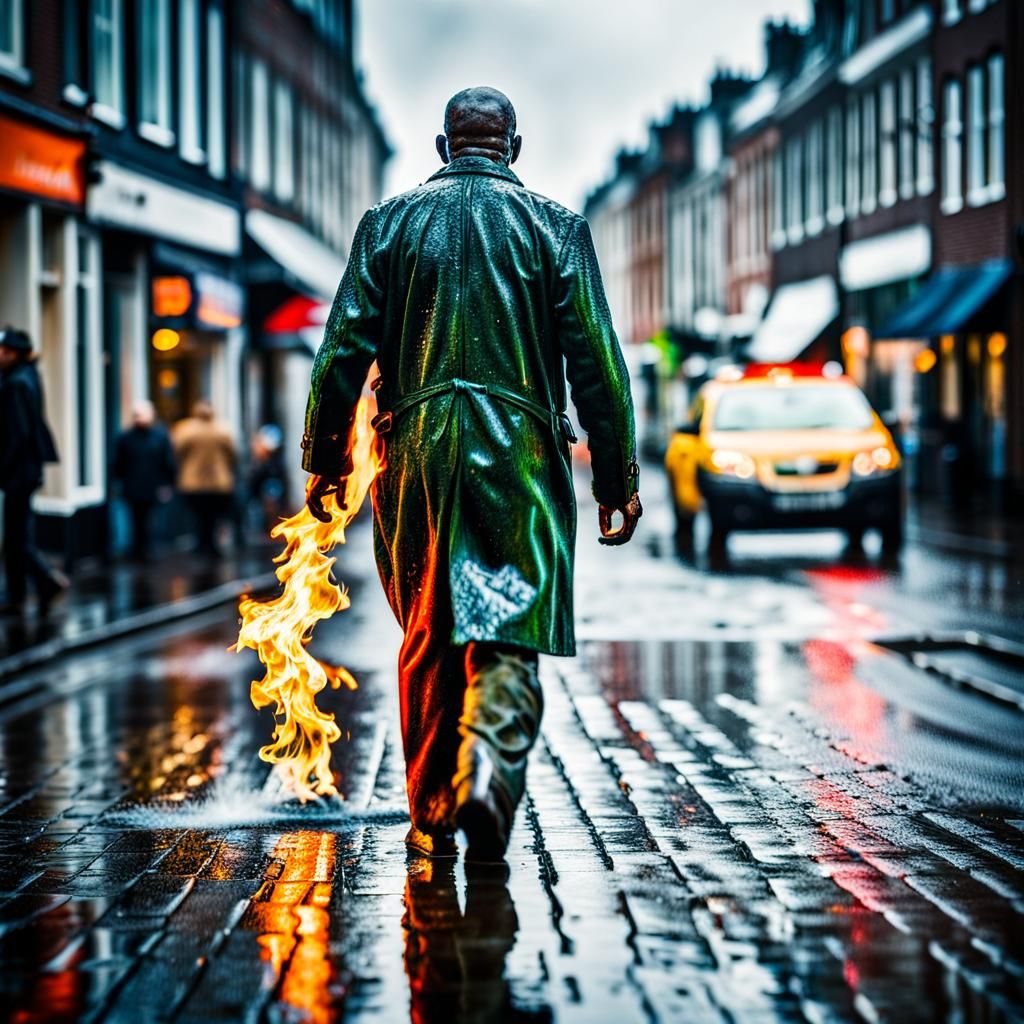A man on fire walking down a street in the rain - AI Generated Artwork ...