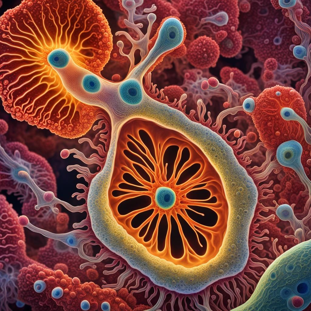 An extremely detailed image of an amoeba as seen through a microscope ...