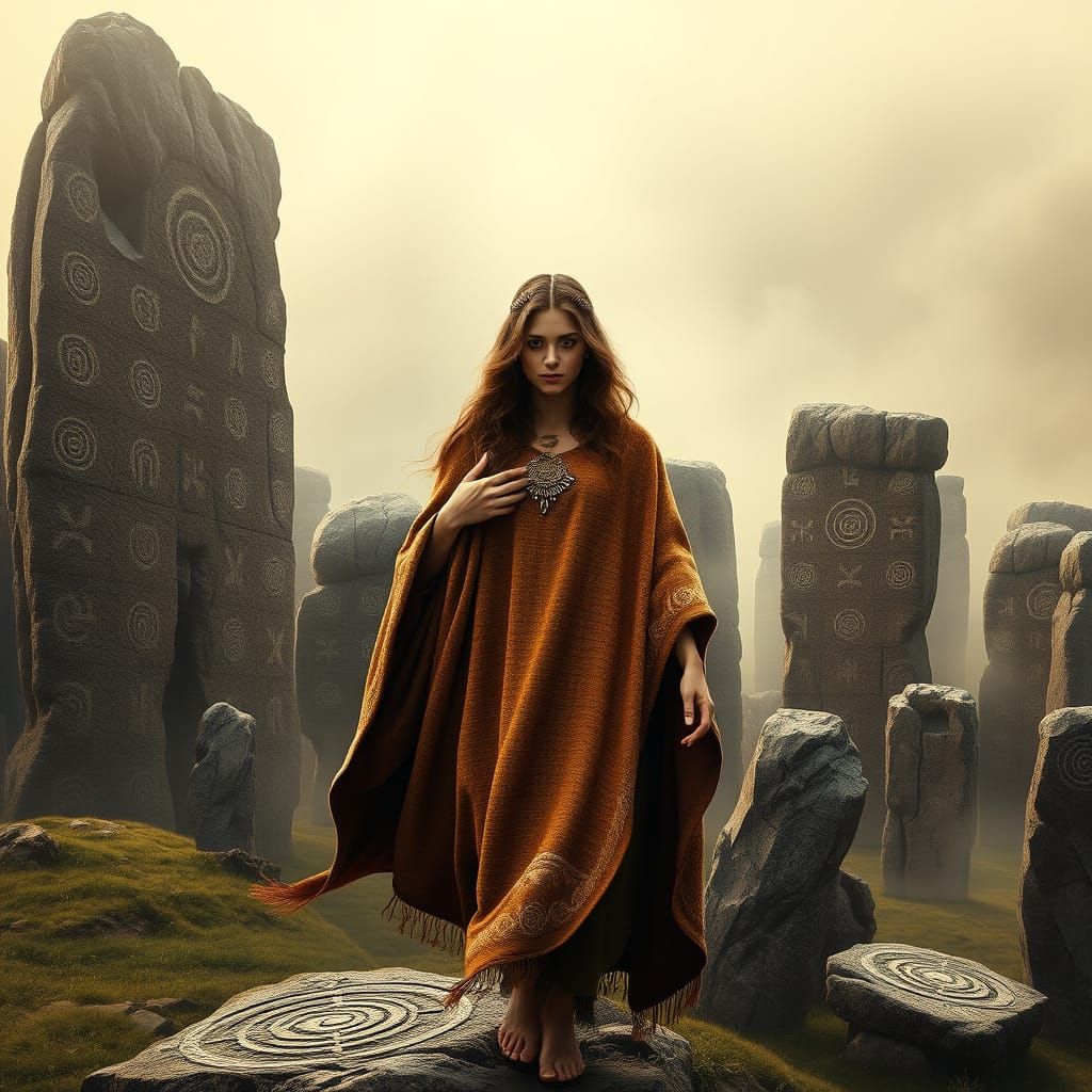 Photorealistic neolithic High Priestess and megaliths carved with ...