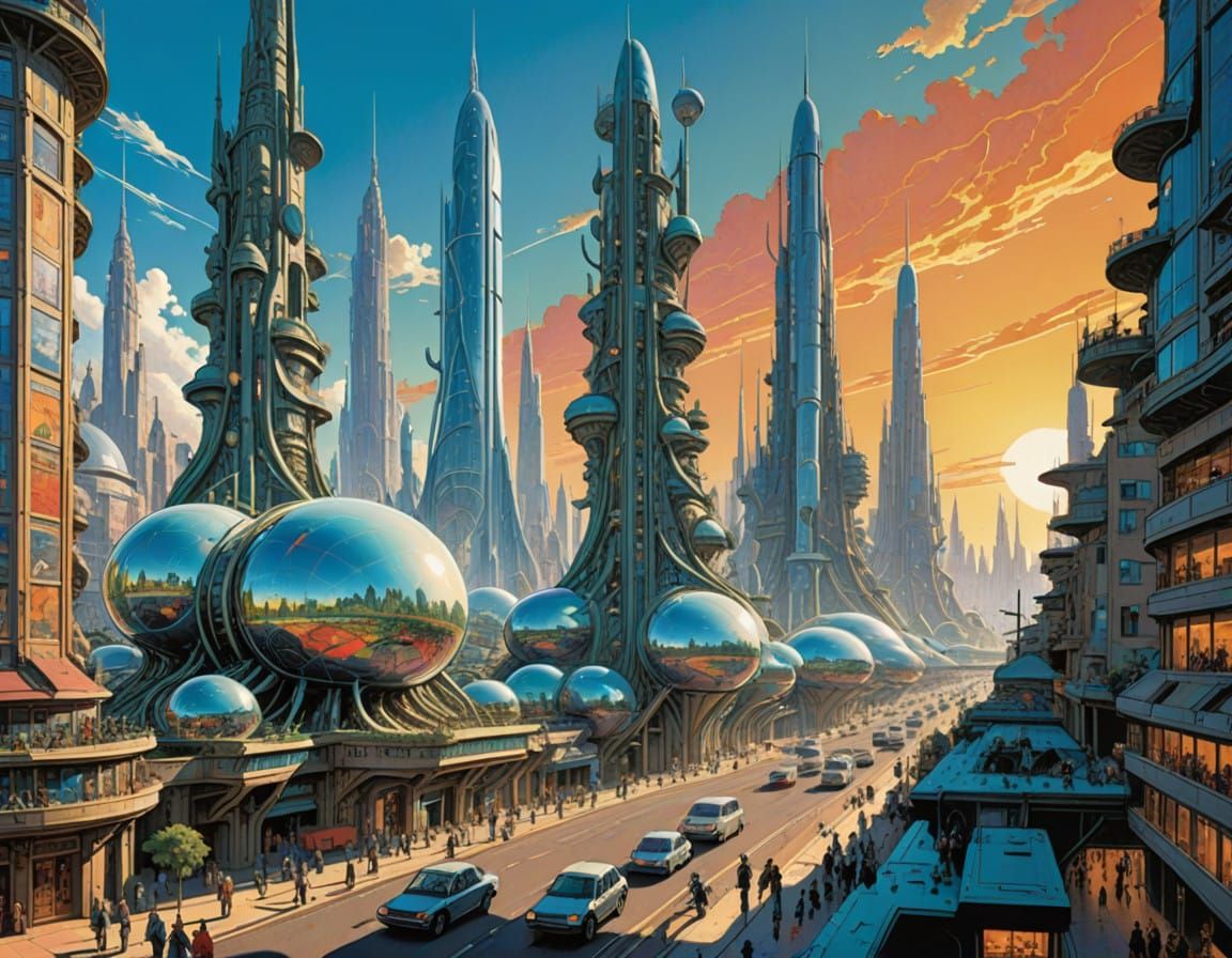 Vibrant, insanely hyper-intricate, bustling metropolis where towering ...