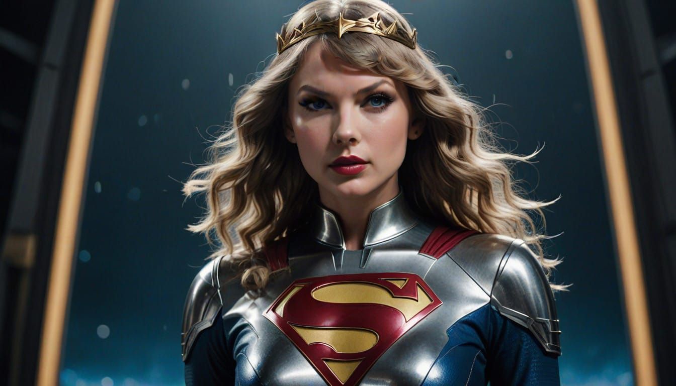 Taylor Swift as Silver Supergirl in Regal Latex At... - AI Art