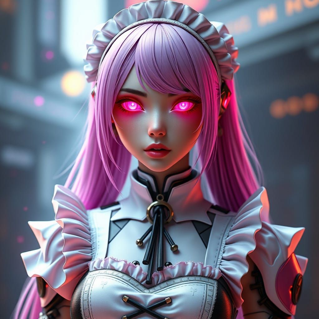 Android Maid Goddess with Glowing Pink Eyes in Ele... - AI Art