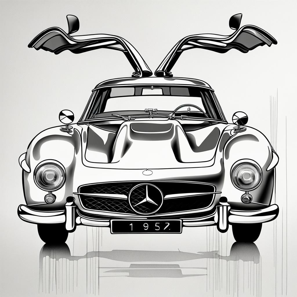Minimalist drawing of a beautiful silver 1953 Mercedes Benz 300sl ...