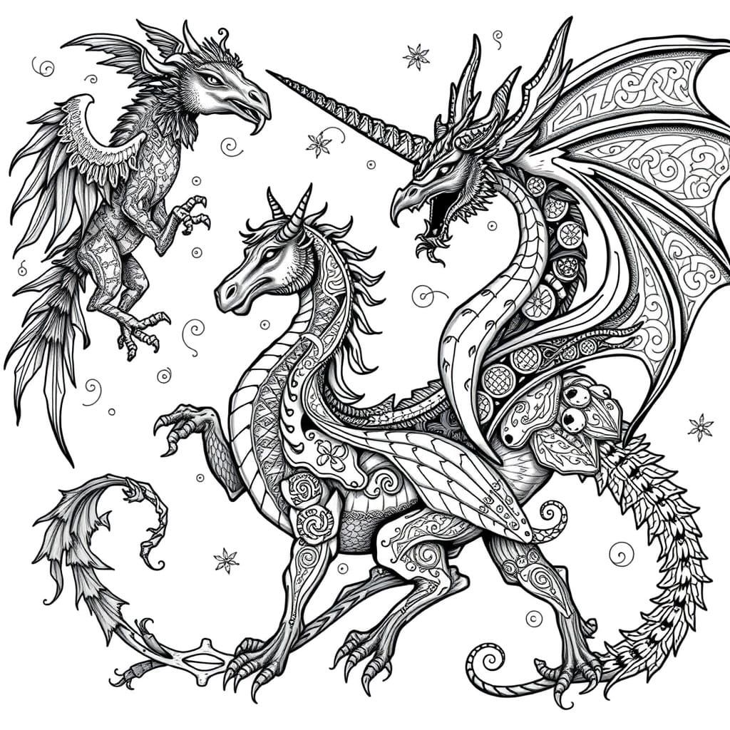 Intricate, decorative coloring book page illustrations featuring ...