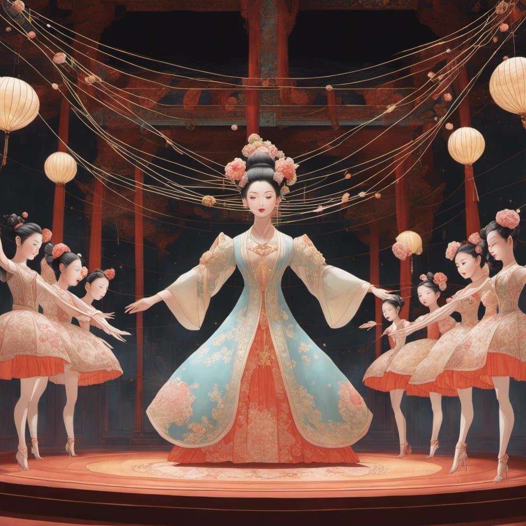 A beautiful happy articulated puppet dancing with her hands up attached ...