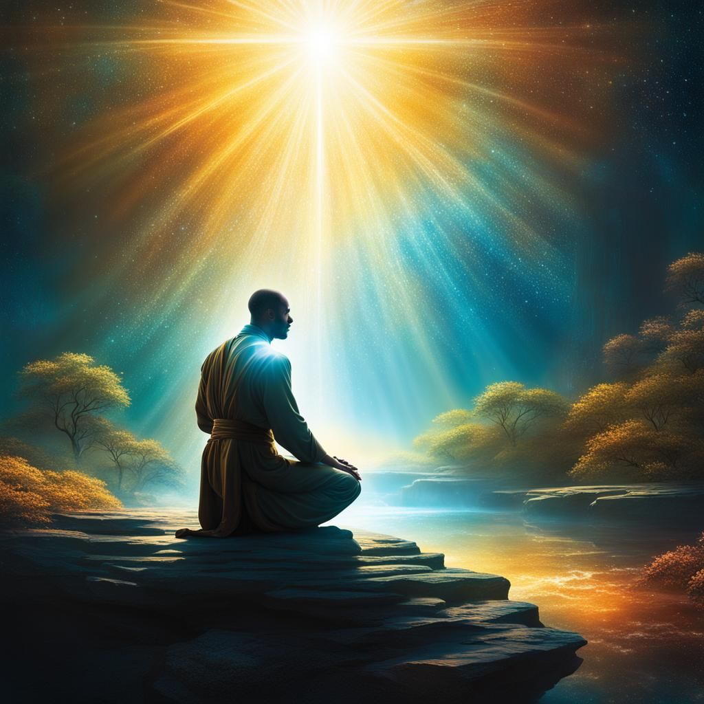 Man kneeling and praying, crossing between the physical and ...