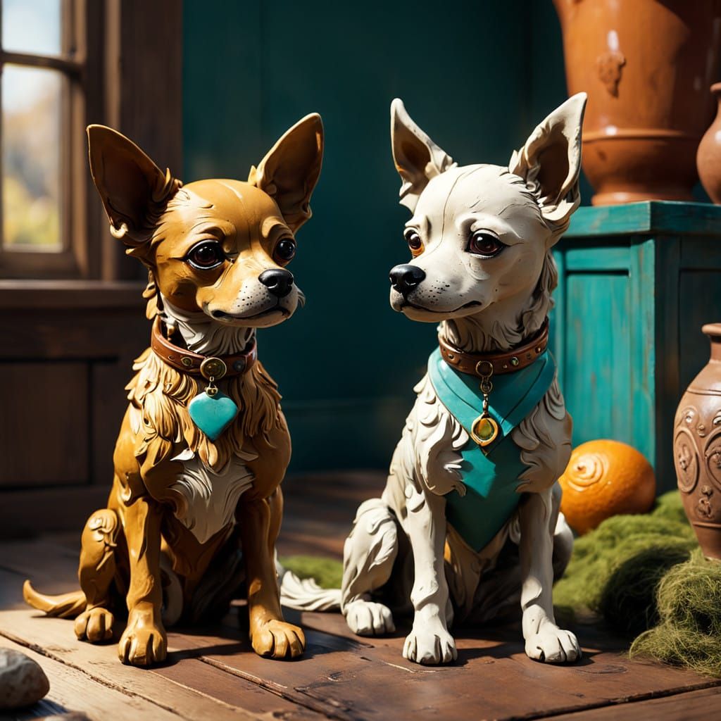 Clay dogs. - Whimsical Clay Canine Collection on Wooden Shel...