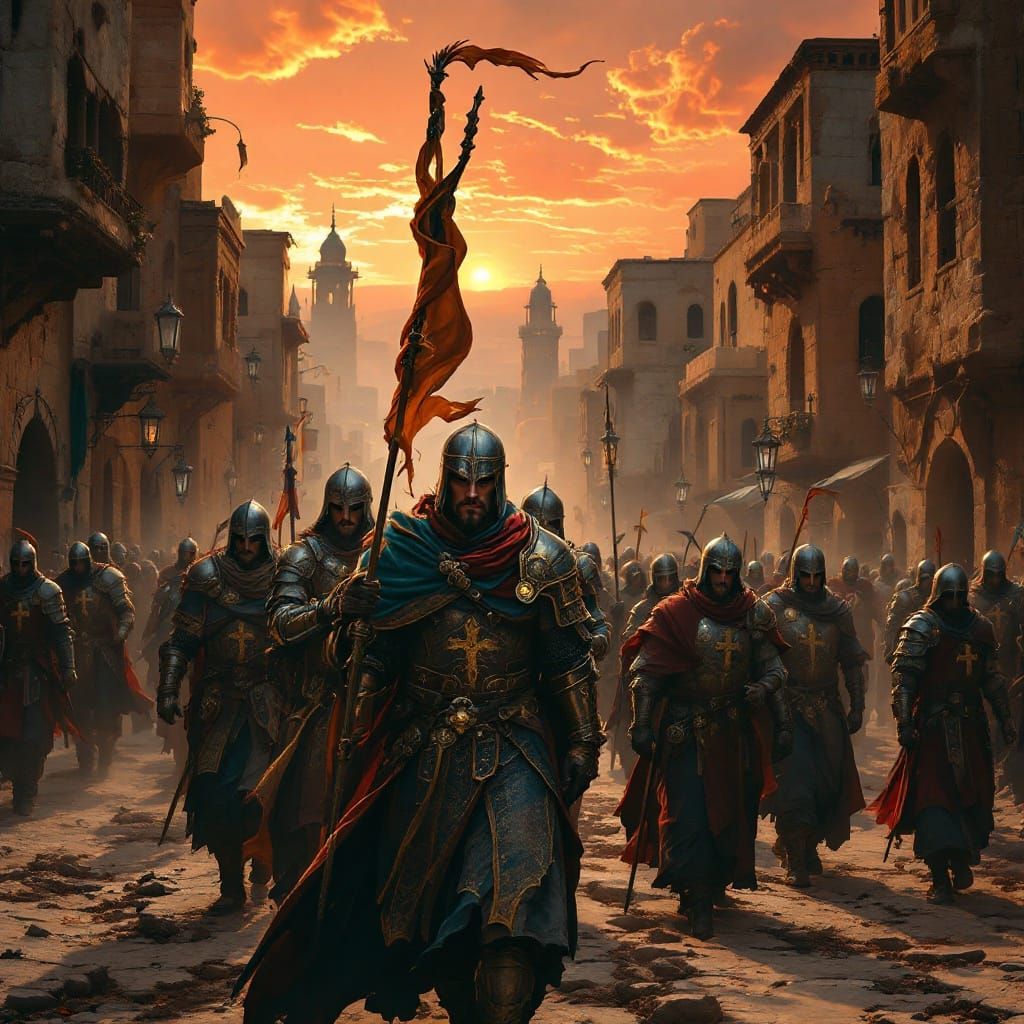 Medieval Crusaders March into Ancient City in Vibr... - AI Art