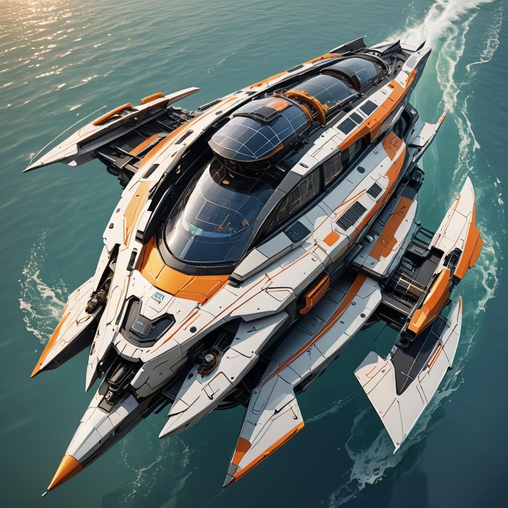 Sci-Fi boat powered by advanced technology, such as anti-gravity engines, solar sails, or bio ...