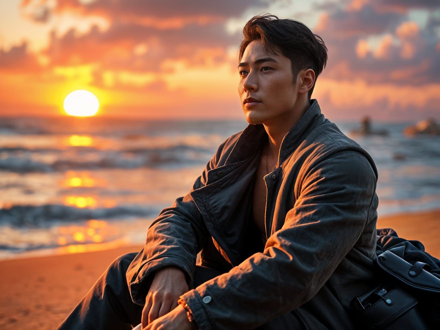 South Korean male on the sea beach