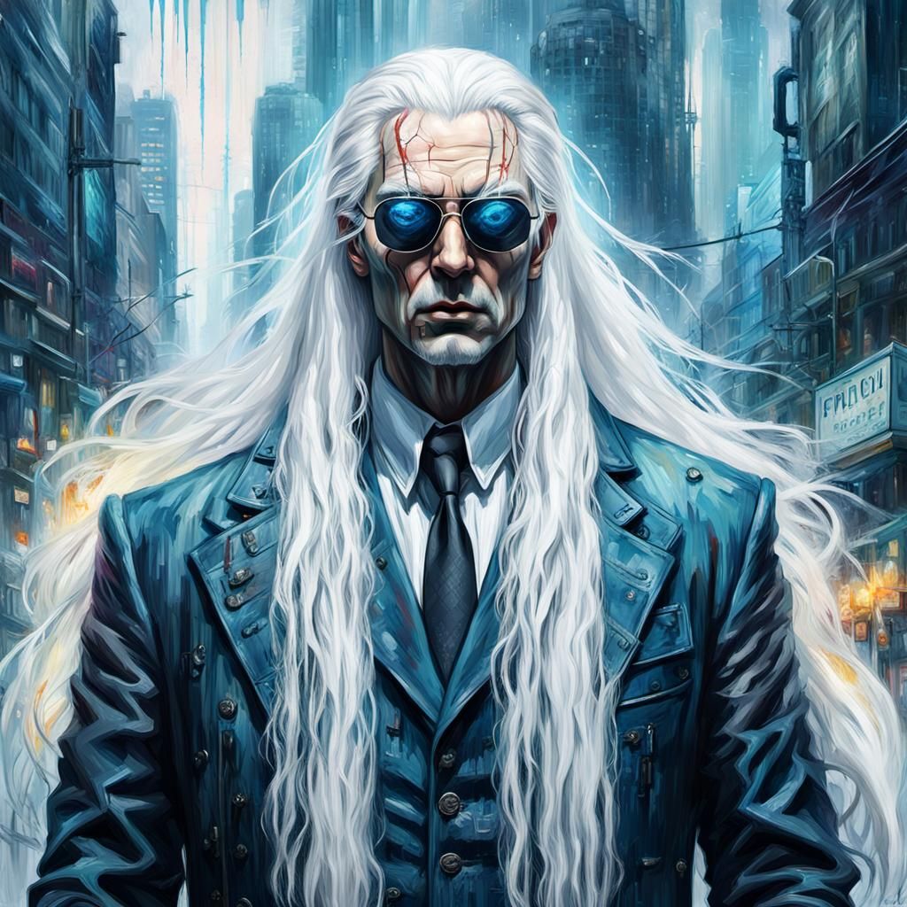 Matrix cyberpunk long white hair . ghost abs cheekbones blue eyes and ...