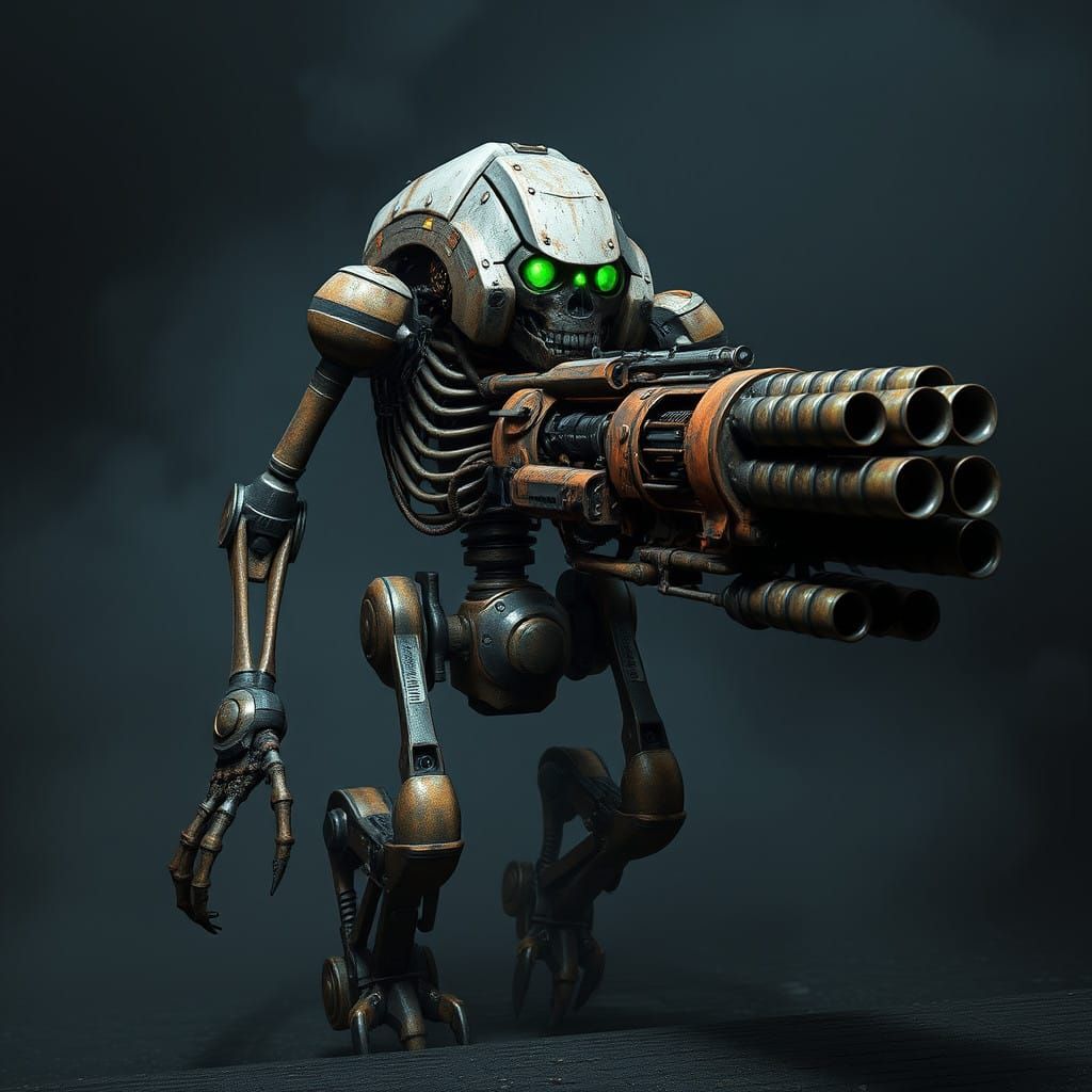 Skeleton Robot With Green Glowing Eyes Carrying Gatling Gun